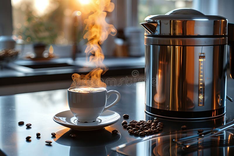 Coffee Machine with Cup of Coffee in Modern Kitchen at Night Stock ...