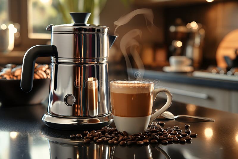 Coffee Machine with Cup of Coffee in Modern Kitchen at Night Stock ...