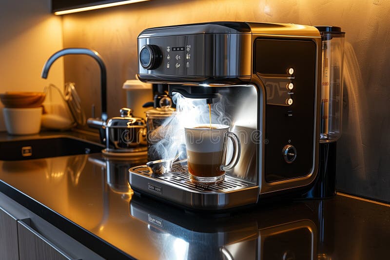Coffee Machine with Cup of Coffee in Modern Kitchen at Night Stock ...