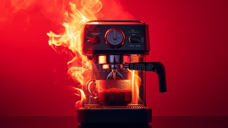 Coffee Machine on Fire with a Red Background and Intense Flames Stock ...