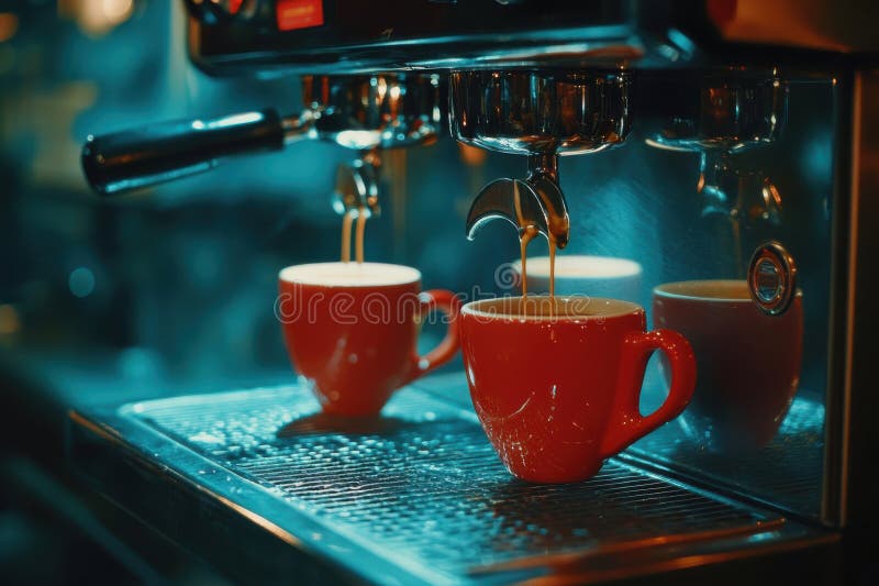 Coffee Machine Making Two Espressos in Red Cups in a Cafe Stock ...
