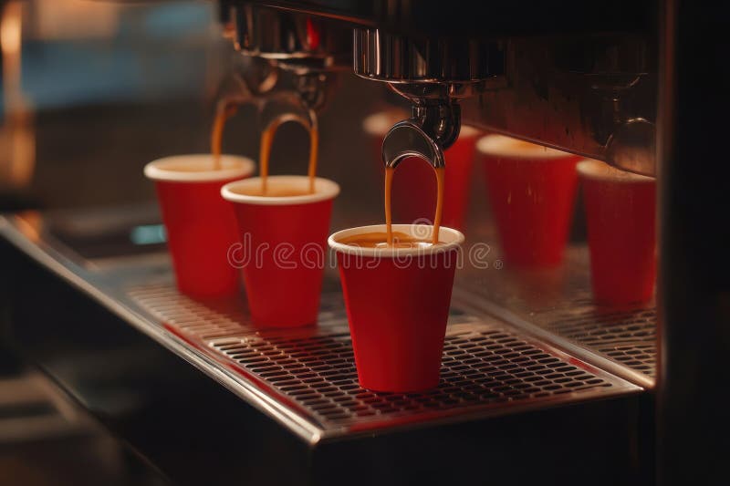Coffee Machine Pouring Espresso Coffee into Red Paper Cups Stock ...
