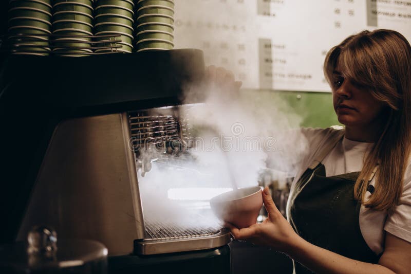 Coffee Machine in Steam, Barista Preparing Coffee at Cafe Stock Photo ...