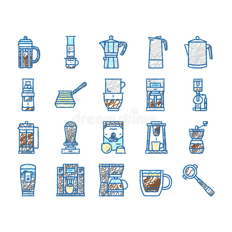 Coffee Make Machine and Accessory Icons Hand Drawn Stock Vector ...