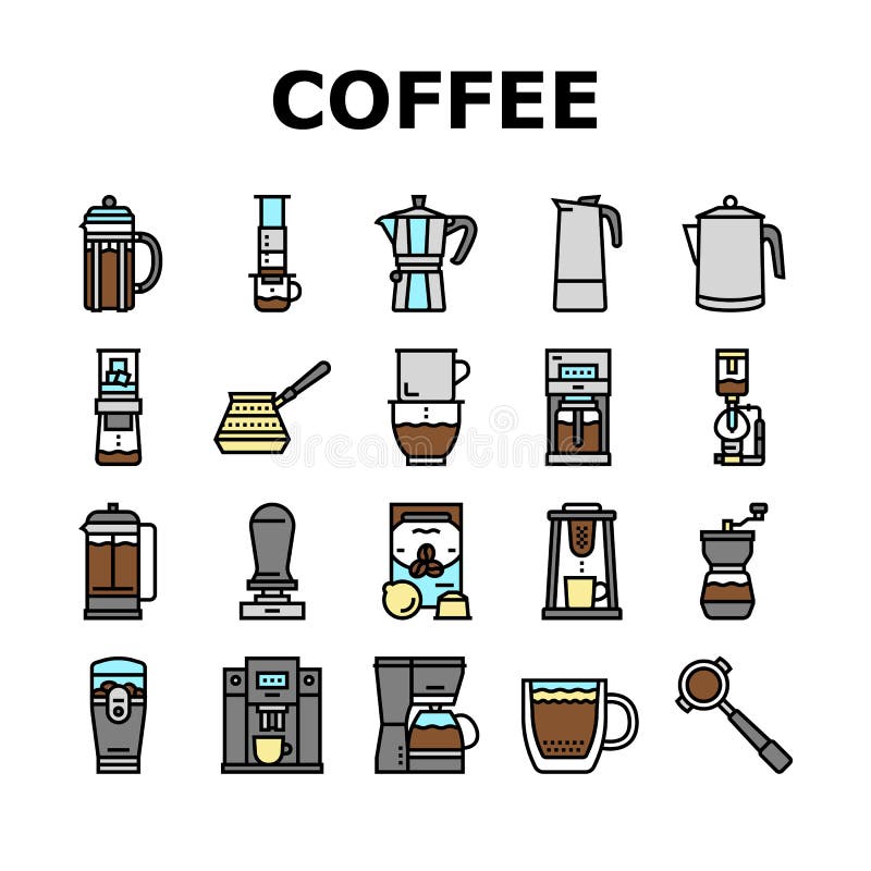 Coffee Make Machine and Accessory Icons Set Vector Stock Vector - Illustration of equipment ...