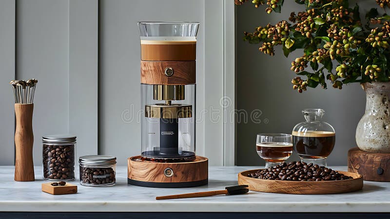Coffee Maker with Beans, Accessories, and Glasses on Marble Countertop ...