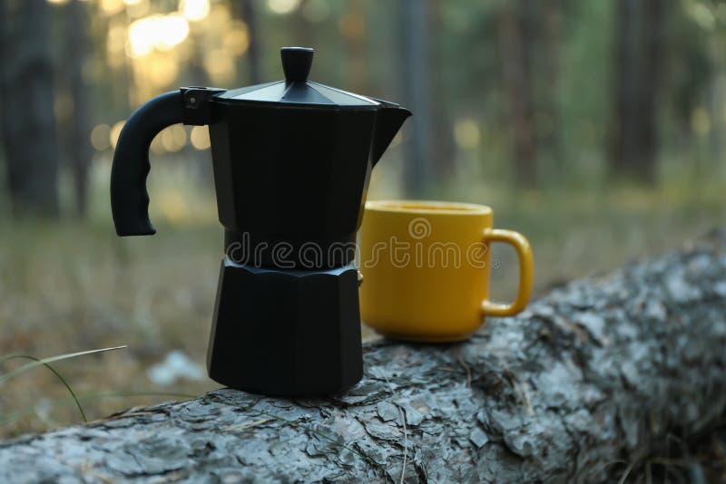 Coffee Maker and Cup on Pine Trunk Stock Image - Image of maker ...