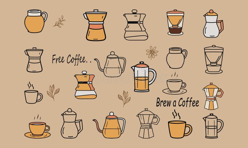 Coffee Maker and Cup Vector Bundle – Hand-Drawn Coffee Brewing Icons ...