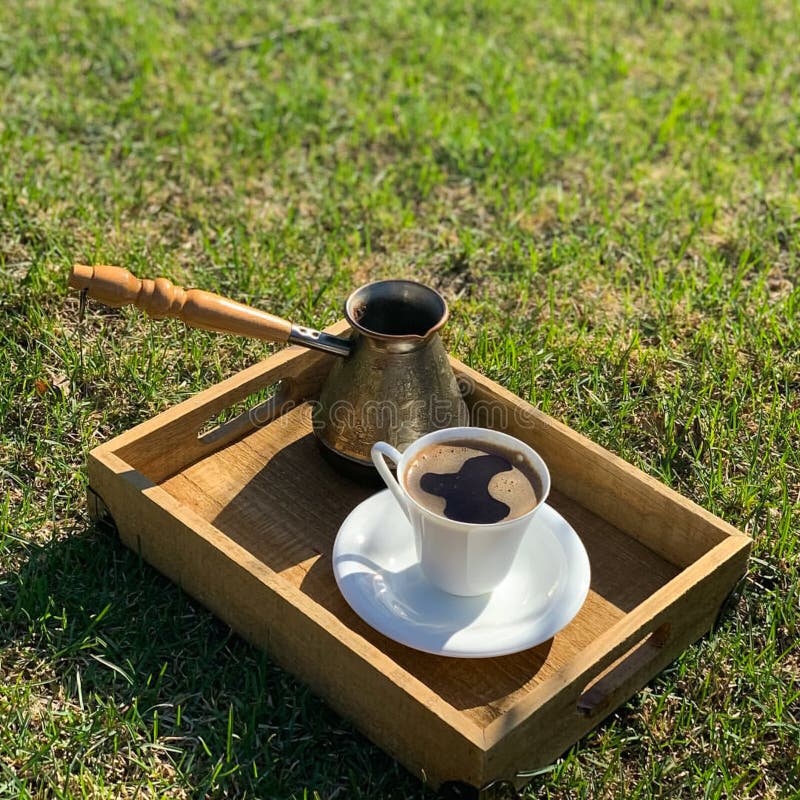 Coffee Maker with a Handle and a Cup of Coffee on a Wooden Tray Stock ...