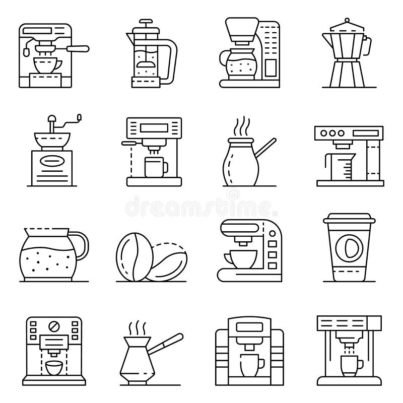 Coffee Maker Icons Set, Outline Style Stock Vector - Illustration of ...