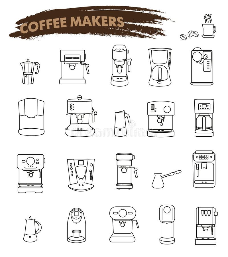 Coffee Maker Icons Set. Outline Set of Coffee Maker Vector Icons for ...
