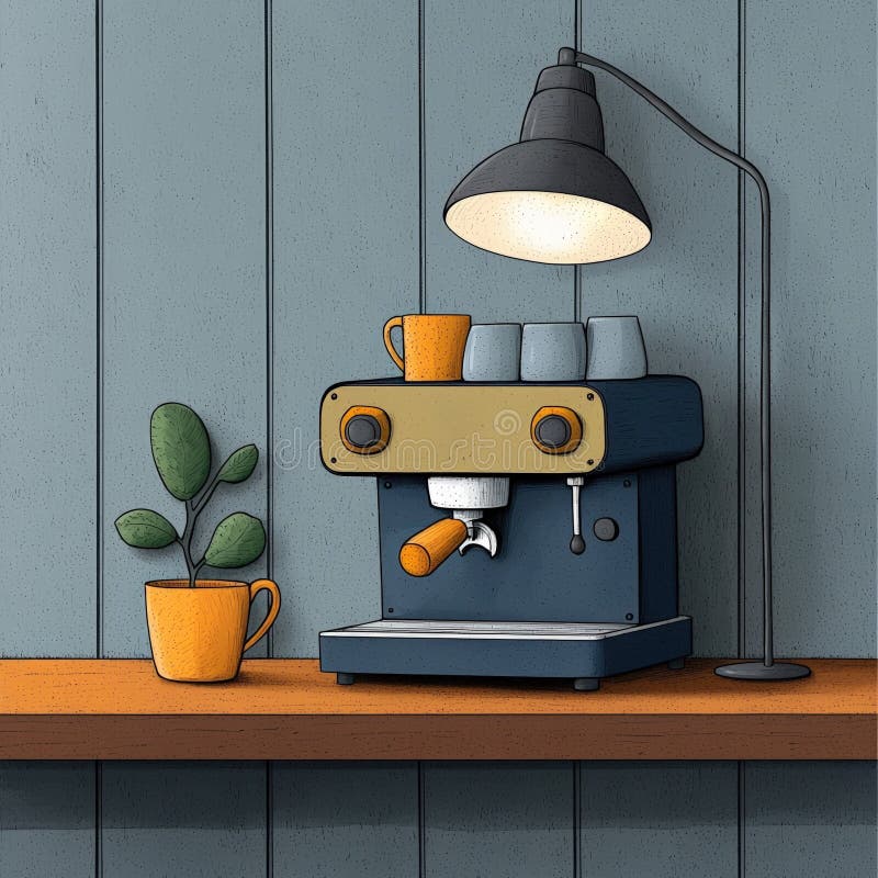 Coffee Maker on Shelf with Plant and Lamp Stock Illustration ...