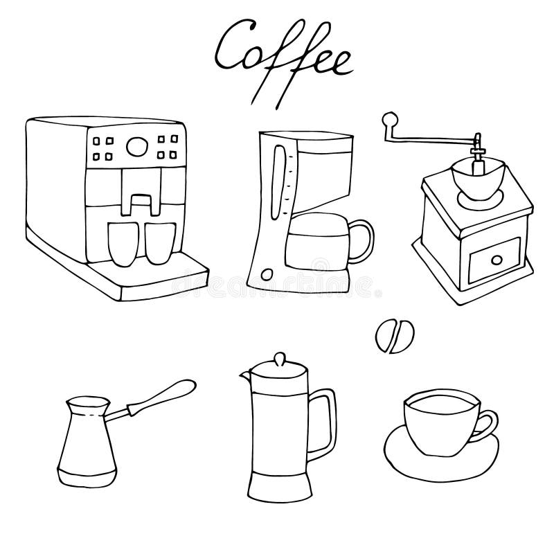 Coffee Making Equipment Set Vector Illustration, Hand Drawing Doodle ...