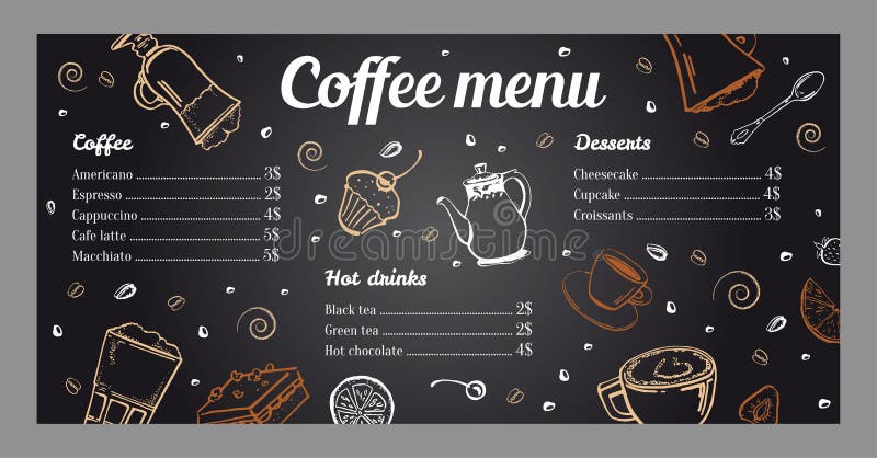 Coffee Menu Design Template With List Of Hot Drinks And Desserts On ...