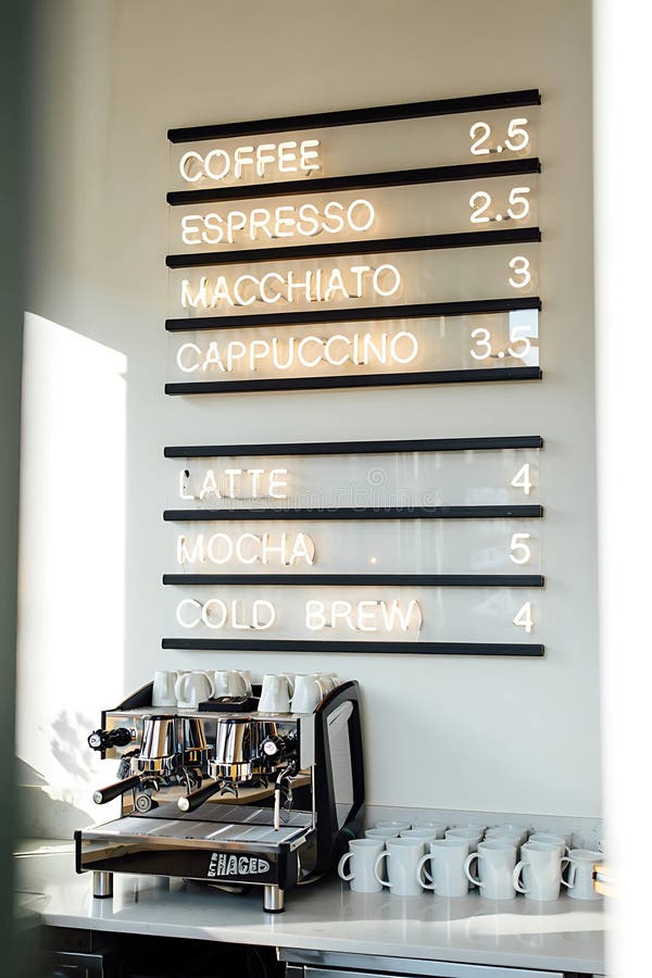 Coffee Shop Menu and Espresso Machine: Choices and Preparation Stock ...