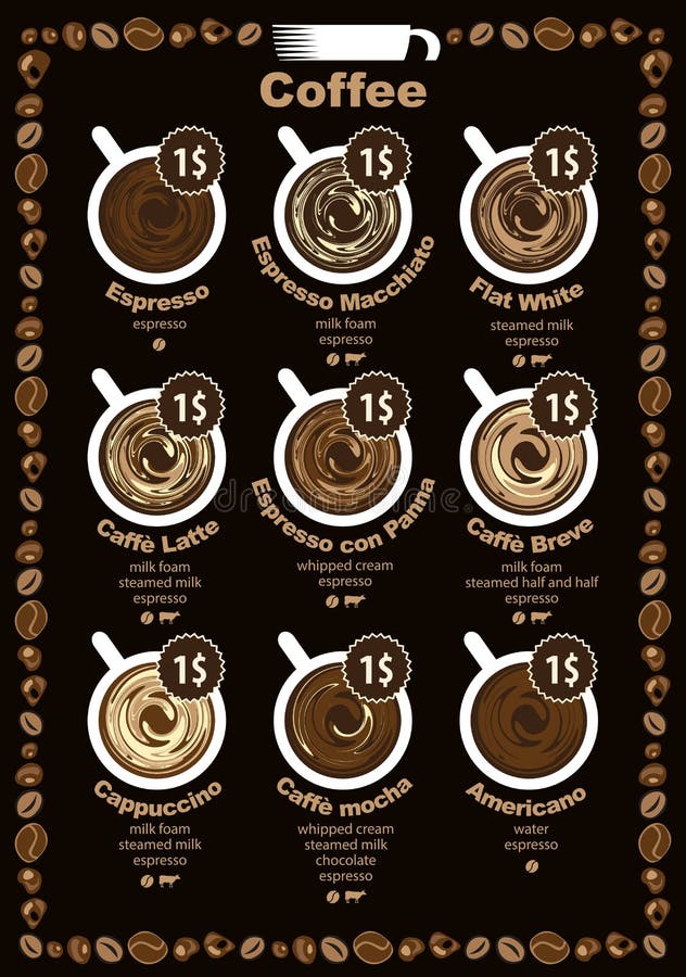 Coffee menu with price stock vector. Illustration of brochure - 72555466