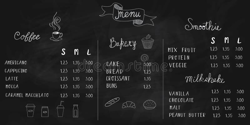 Coffee Menu, Smoothie, Milkshake, Bakery Hand Lettering on Black Bo ...