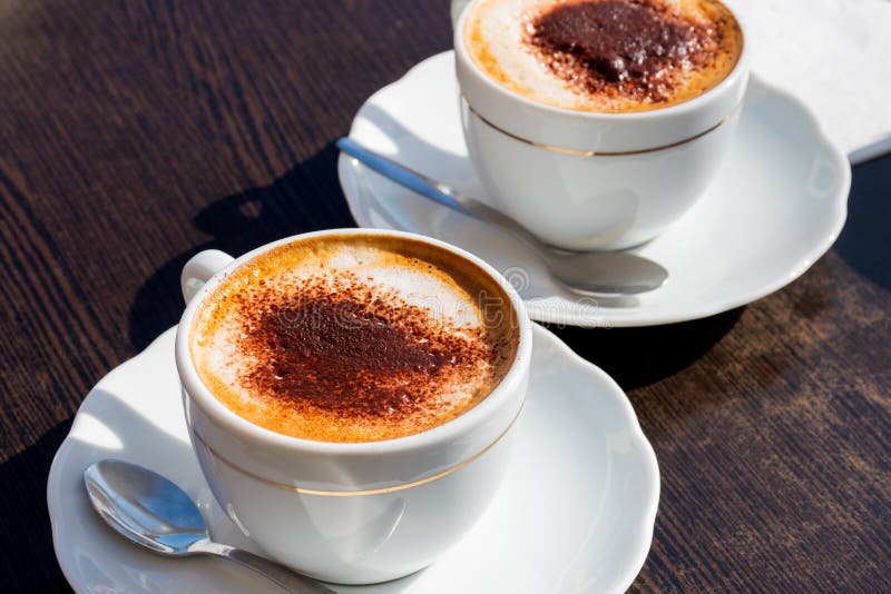 Coffee in the Morning, Two Cup of Espresso on Wood Table in Cafe or ...