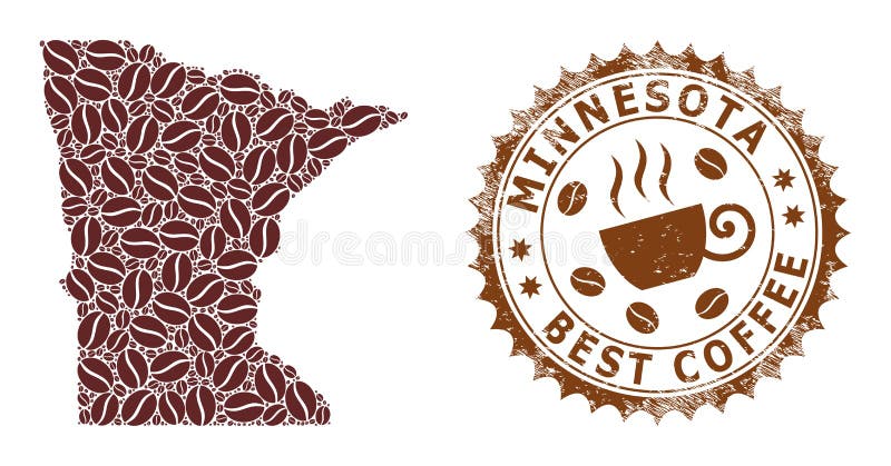 Mosaic Map of Minnesota State with Coffee Beans and Grunge Stamp for ...