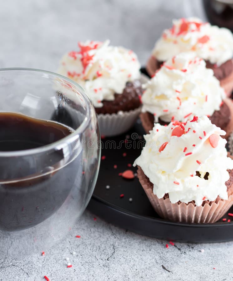 Coffee with Muffins, Muffins with Cream and Sprinkles. Stock Photo ...