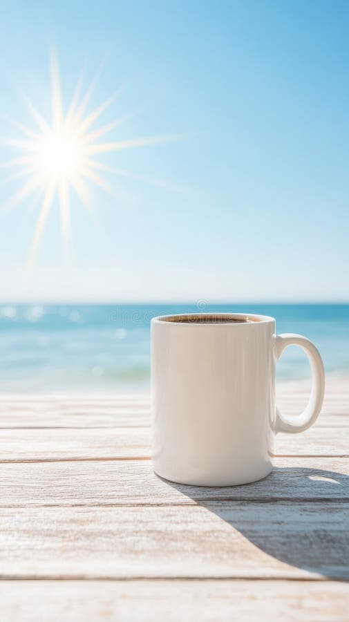 Coffee Mug on Beachside Table Under Bright Sun Stock Illustration ...