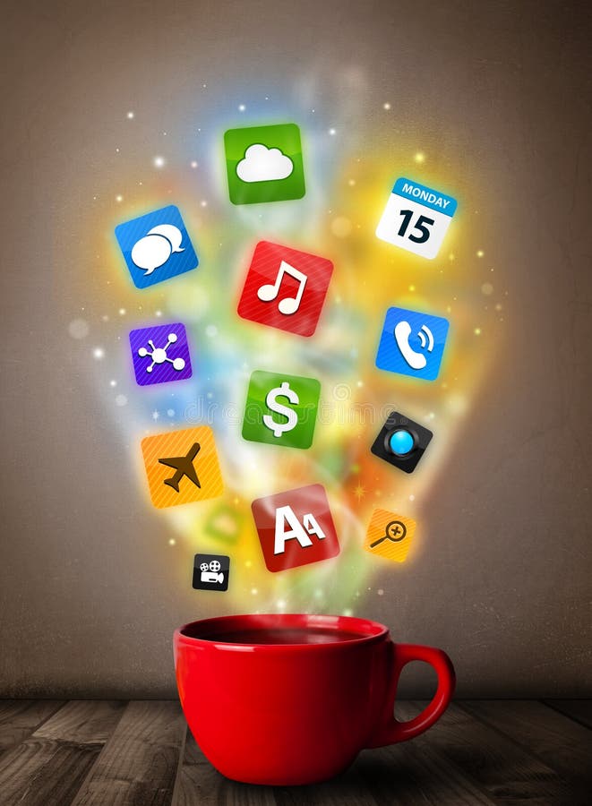 Coffee Mug with Colorful Media Icons Stock Photo - Image of multimedia ...