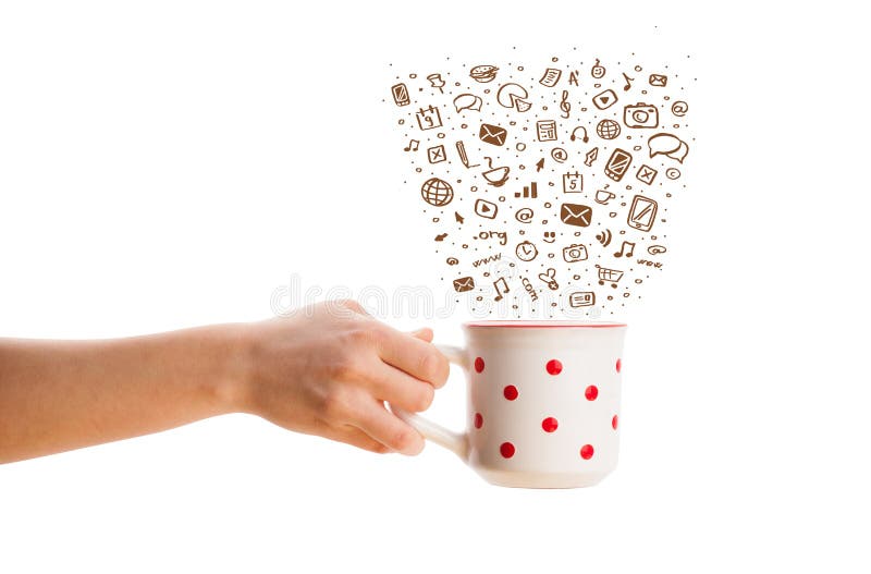 Coffee-mug with Hand Drawn Media Icons Stock Image - Image of breakfast ...