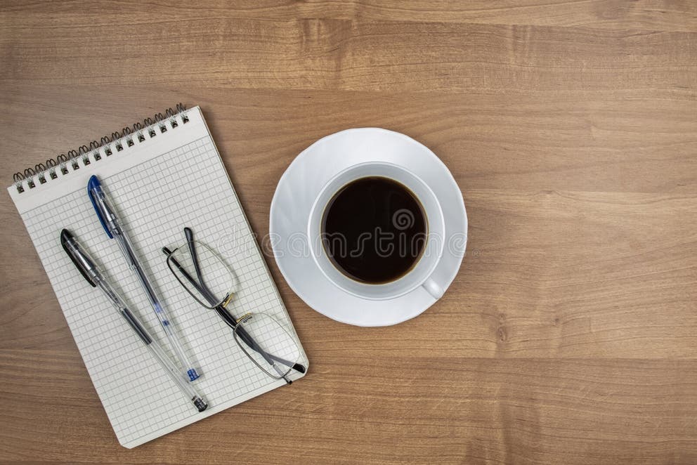 Coffee Mug and Notepad, Workplace Concept, Top View Stock Image - Image ...
