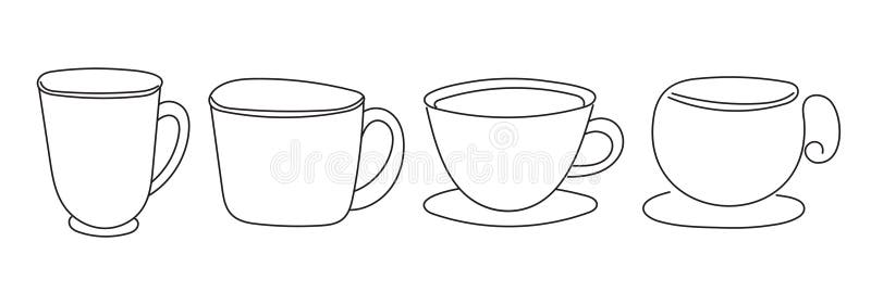 Coffee Mug Outline Drawing. Doodle Hand Drawn Coffee or Tea Cups Stock ...