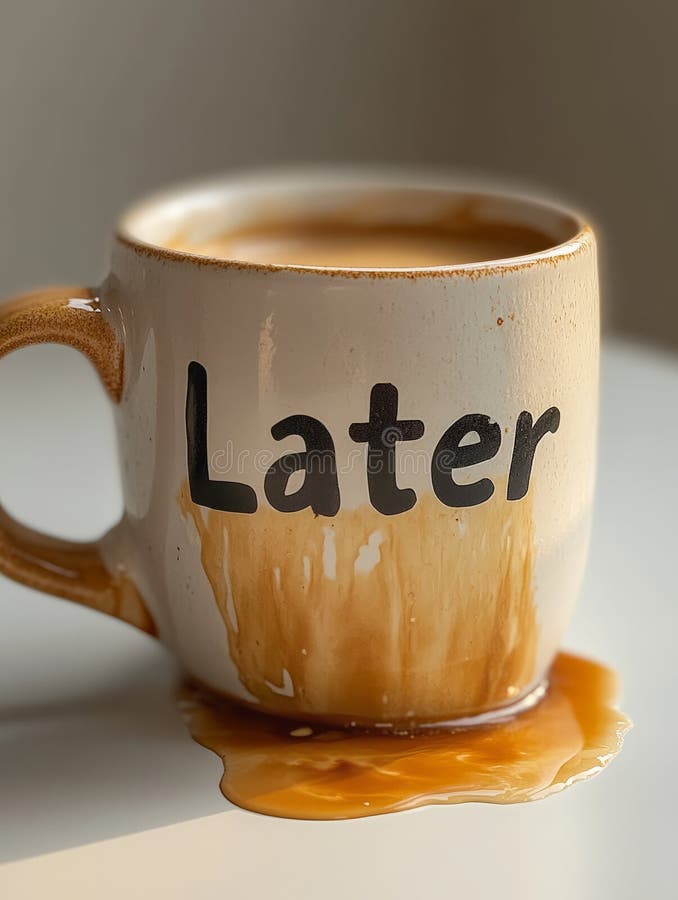 Coffee Mug Overflowing with Coffee, Labeled Later . Stock Photo - Image ...