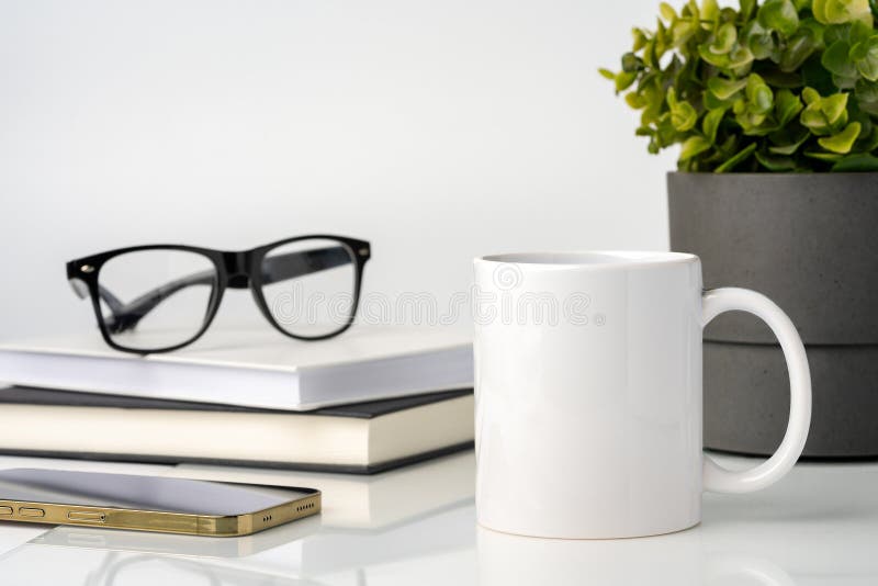 Coffee Mug on White Office Table Mock Up Stock Photo - Image of closeup ...