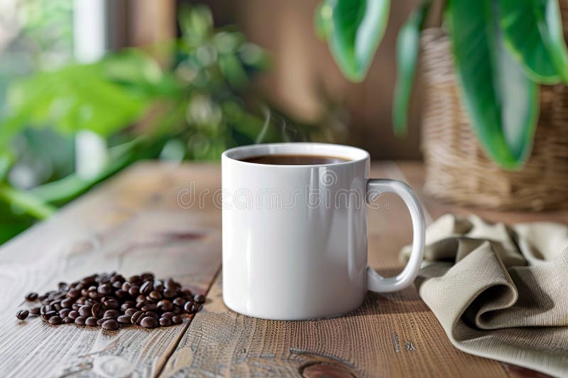 Coffee Mug on Wooden Table with Beans Stock Image - Image of table ...