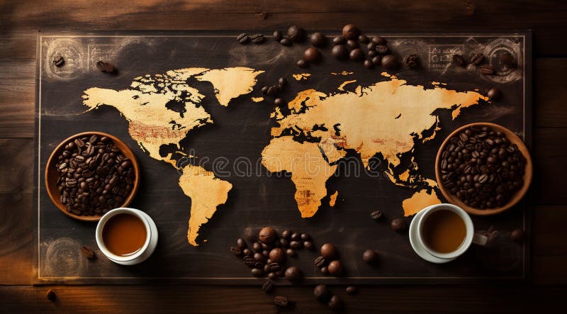 Coffee World Map with Cup in the Center Stock Illustration ...