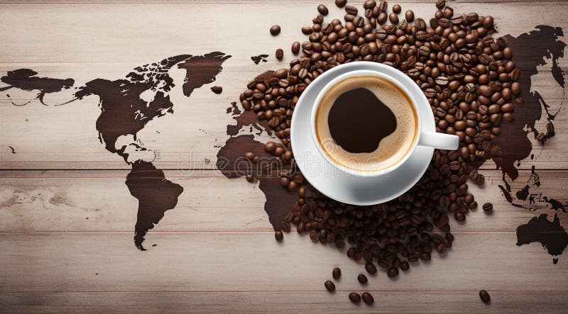 Coffee World Map with Cup in the Center Stock Illustration ...