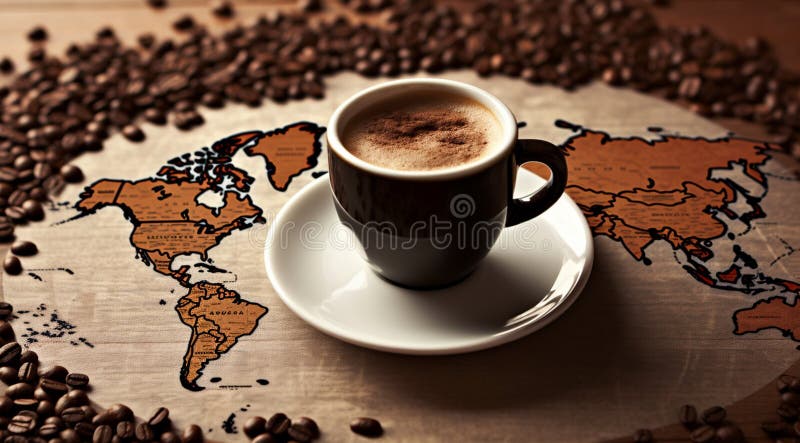 Coffee World Map with Cup in the Center Stock Illustration ...