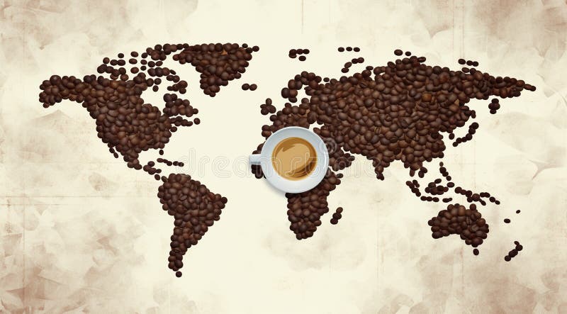 Coffee World Map with Cup in the Center Stock Illustration ...