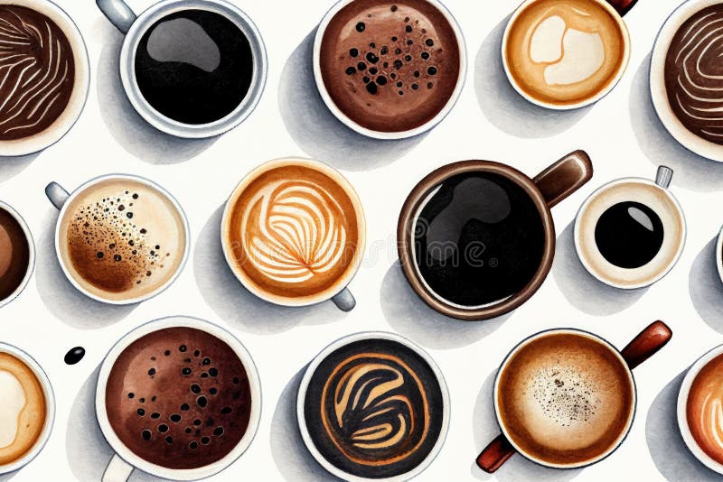 Coffee Mugs Pattern Background. Different Types of Coffee. Top View ...