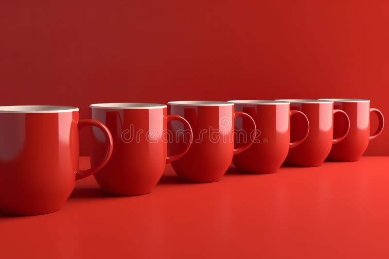 Coffee Mugs in a Row, Red Background, 3d Rendering. Generative AI Stock ...