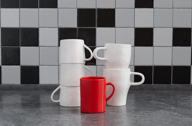 Coffee Mugs Stacked on Top of Each Other on Kitchen Counter, Front View ...