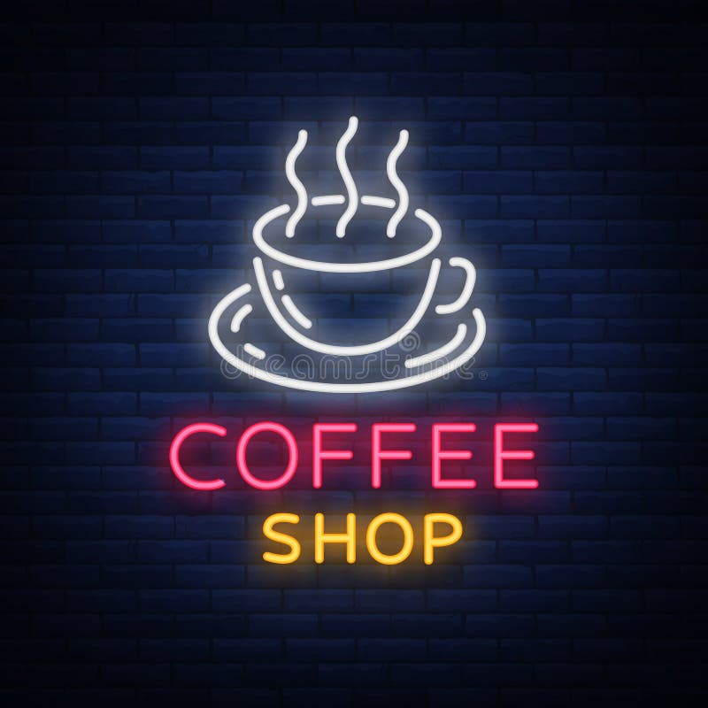 Coffee Neon Sign Logo Vector Illustration, Emblem in Neon Style, Bright ...