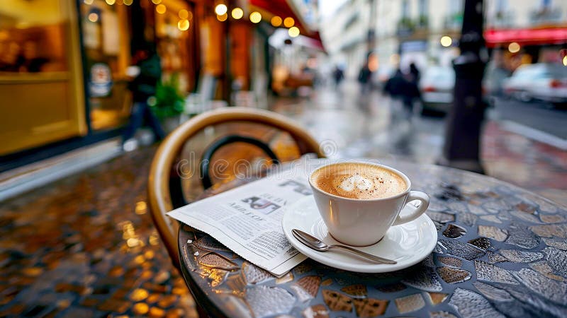 Coffee and Newspaper on a Parisian Patio Stock Illustration ...