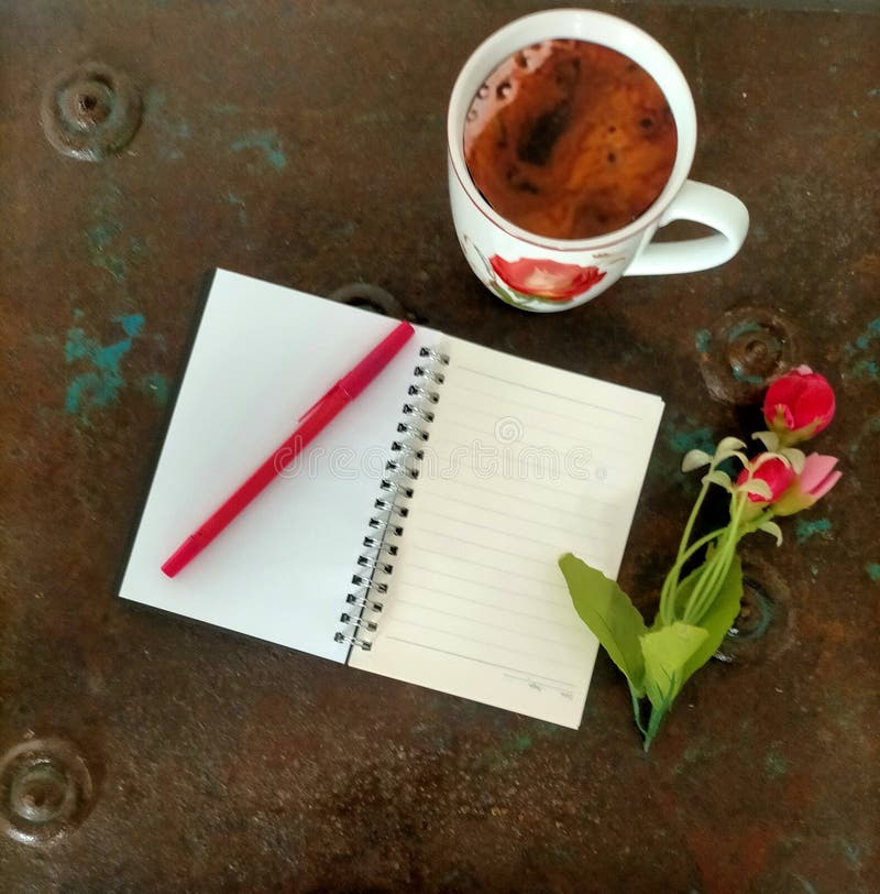 Coffee, Note Book, Flower and Pen Stock Photo - Image of glass, flower ...