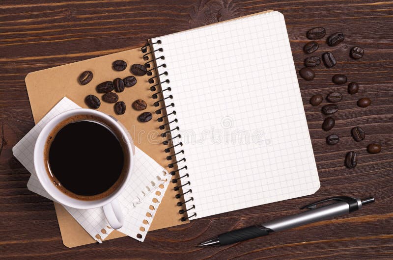 Cup of Tea, Coffee and Notebook Stock Photo - Image of wooden, white ...