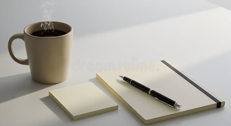 Coffee and Notebook on Desk with Pen and Sticky Notes Stock Image ...