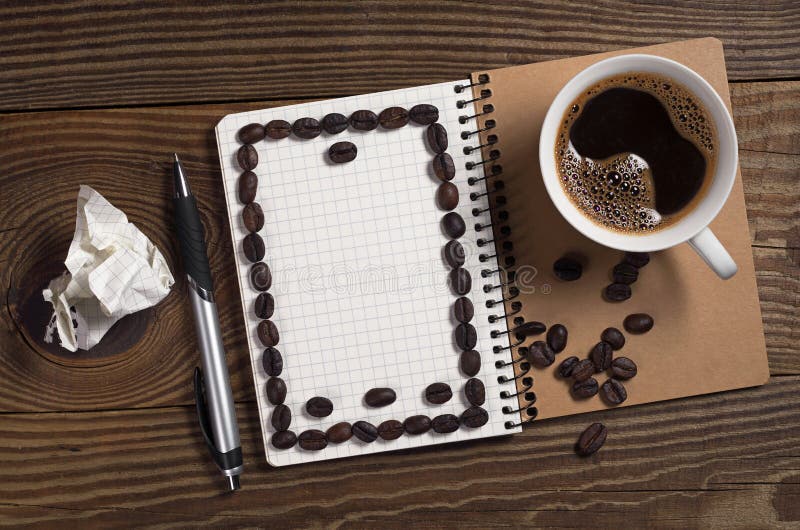 Cup of Tea, Coffee and Notebook Stock Photo - Image of wooden, white ...