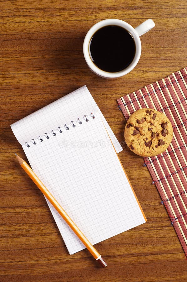 Coffee and Notepad with Cookies Stock Image - Image of empty, business ...