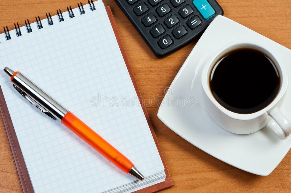 Coffee, Notepad and Pen on Table. Stock Photo - Image of ballpen ...