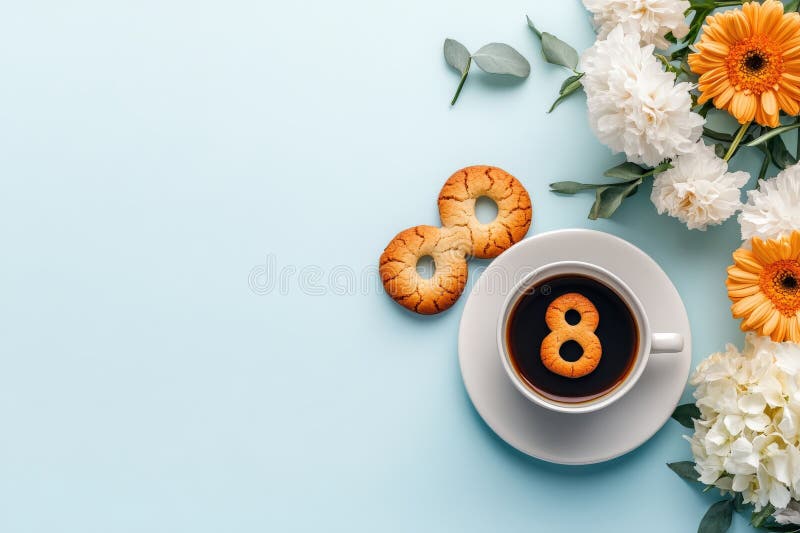 Coffee with Number Eight Cookie Surrounded by Flowers and Biscuits on ...