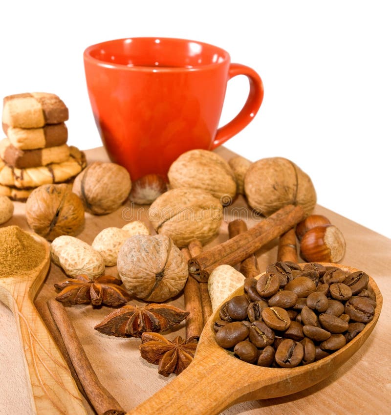 Coffee and nuts closeup stock image. Image of environment - 57770287