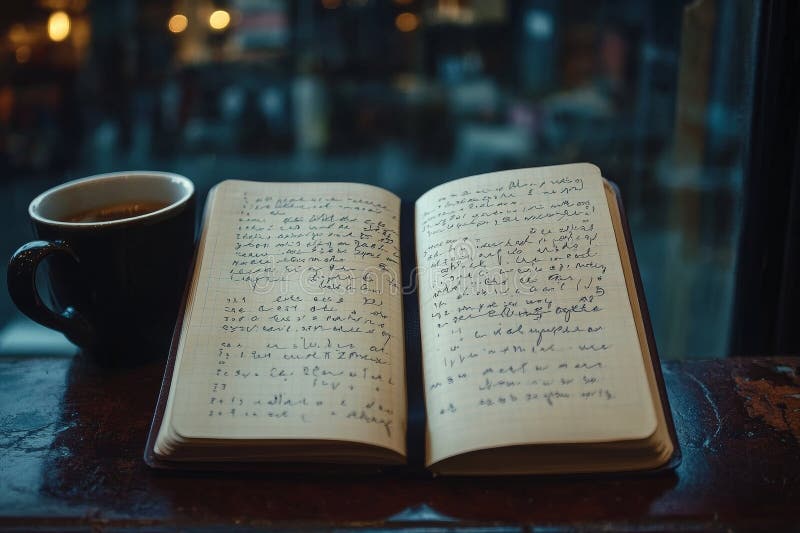 Coffee and Open Notebook in Cozy Cafe Setting during Rainy Afternoon ...
